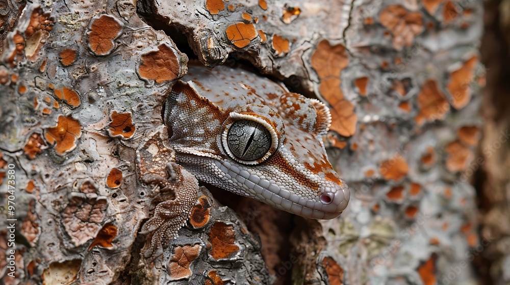 Camouflaged leaf-tailed gecko blending with tree bark, macro shot: A ...