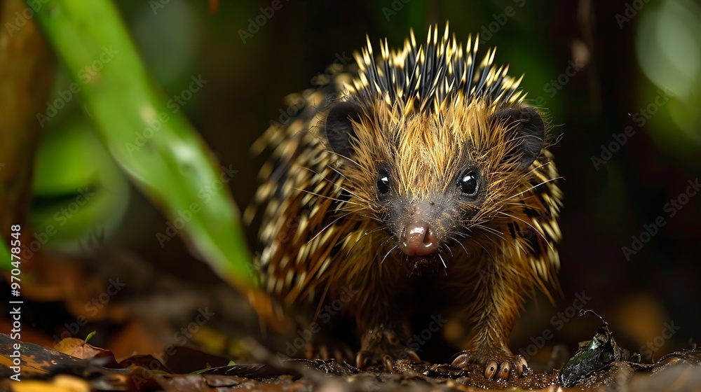 Lowland streaked tenrec, spiky hedgehog-like mammal, Madagascar forest ...