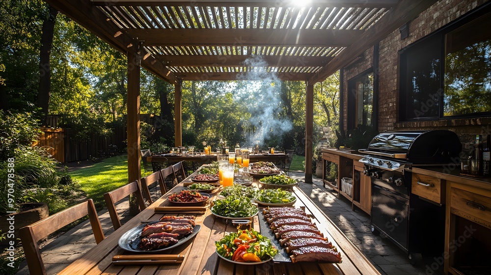 Sun-drenched backyard, a classic pergola shading a grill, ribs smoking ...