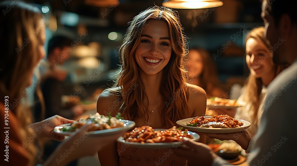 A family dinner with plates of food being passed around, smiles on ...