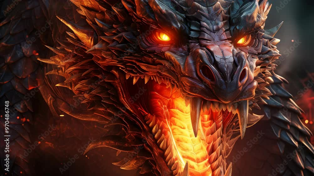 A roaring dragon unleashes fiery breath in a fantasy realm, showcasing ...