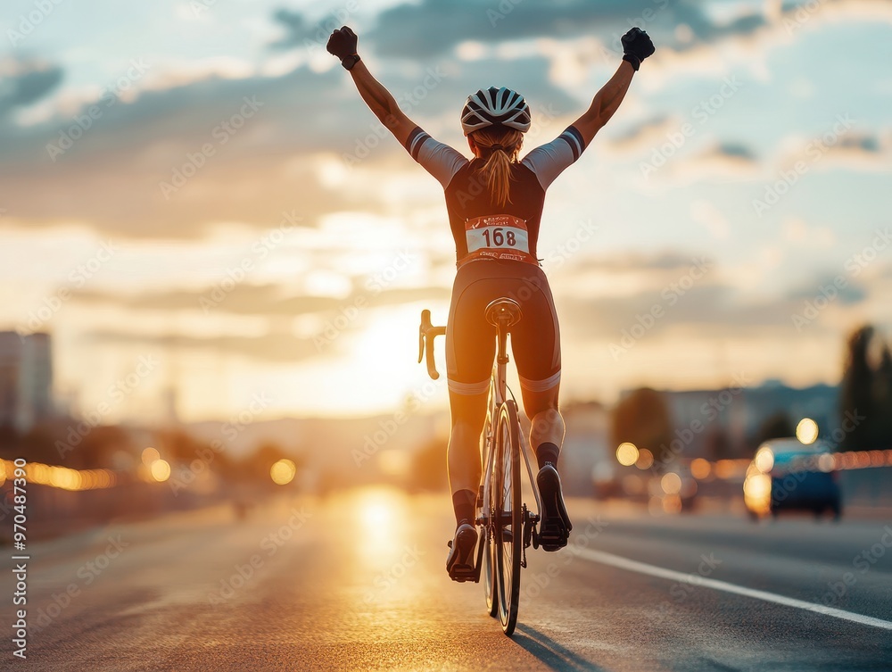 A female cyclist raises her arms in victory as she crosses the finish ...