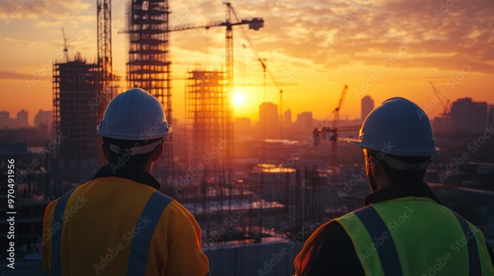 High rise construction workers gathered for a safety briefing at dawn ...