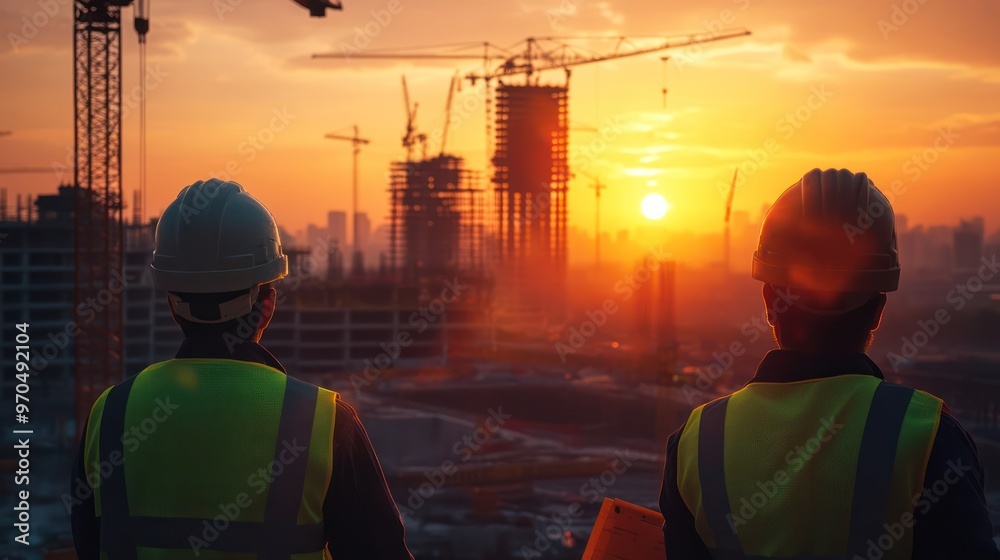 High rise construction workers gathered for a safety briefing at dawn ...