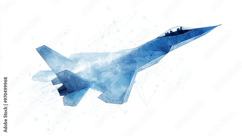 A blue fighter jet, made of many small triangles, is flying. The jet is ...