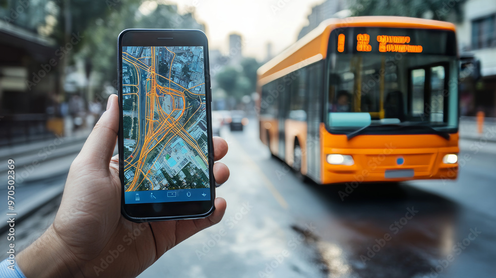 A businessman uses his smartphone to track a bus on a map app. The app ...