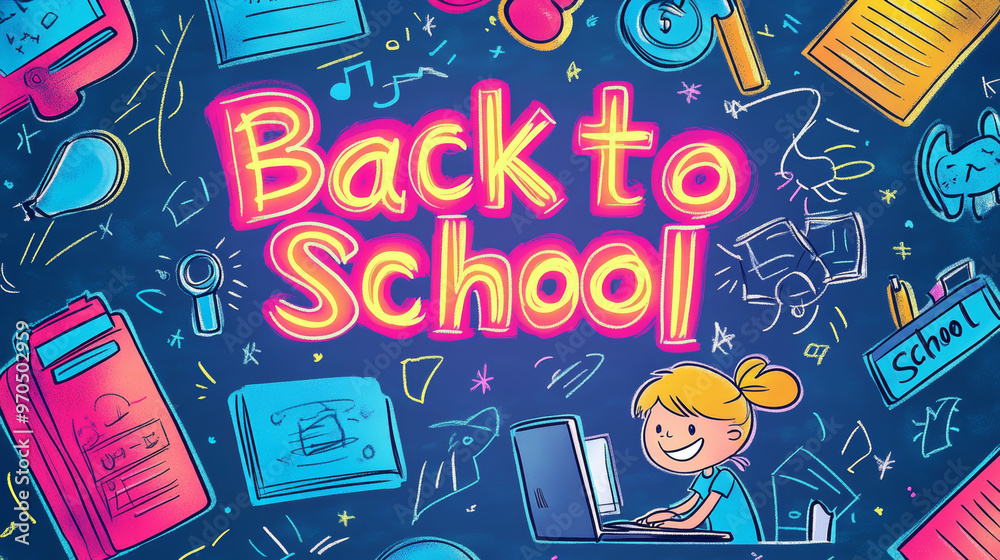 A cartoon with the words "Back to School" in bright neon letters. The ...