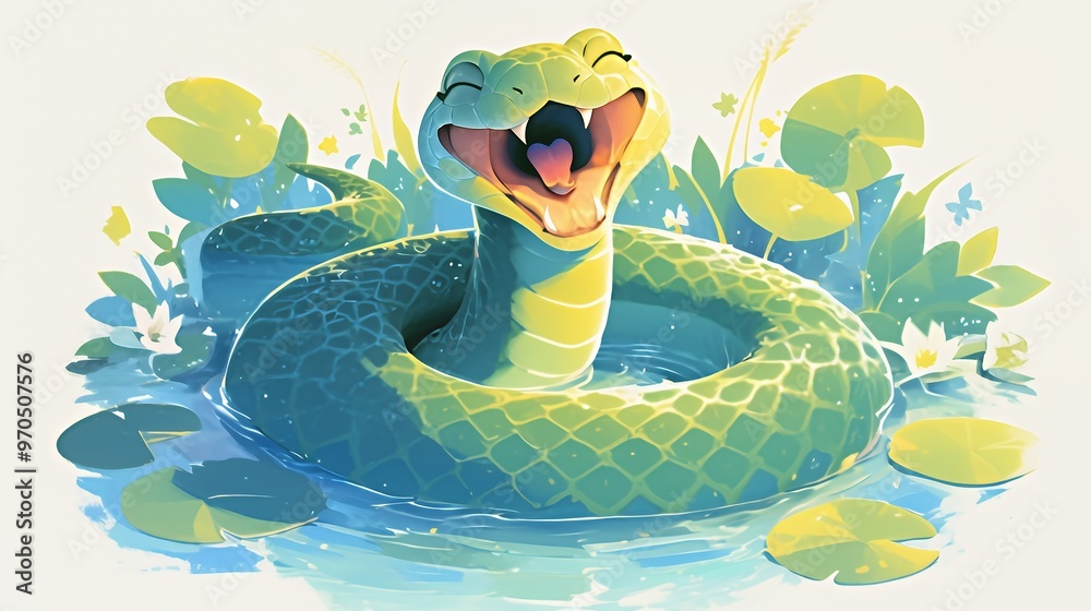 A cartoon snake with its mouth open, laughing, in a pond with water ...
