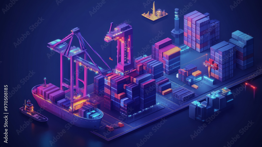 A digital image shows a cargo port with a 3D ship, crane, and ...