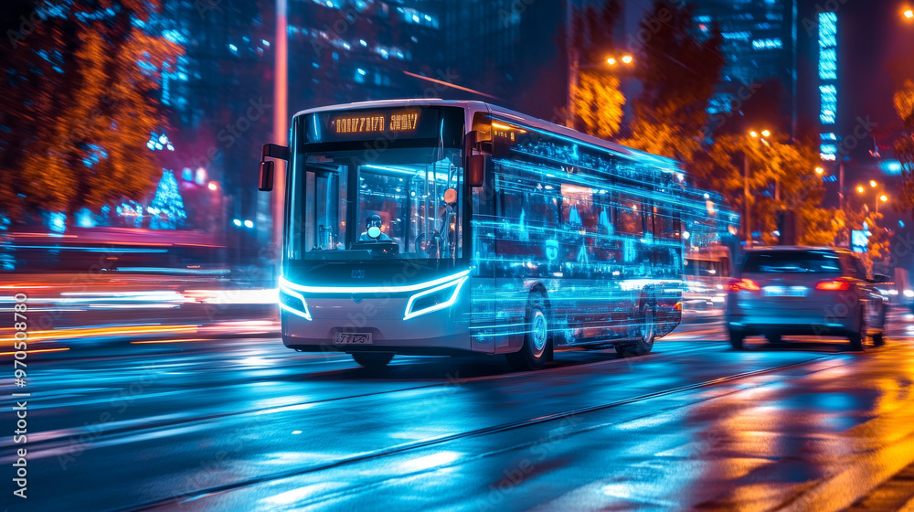 A driverless smart bus and car move through the city at night.The bus ...
