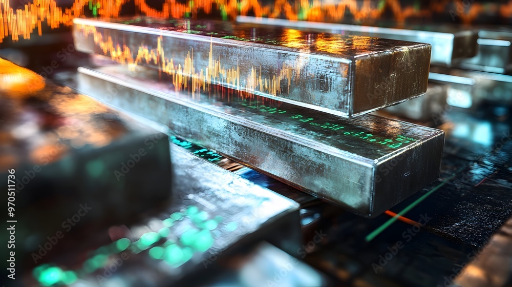 Photograph of stacked shiny aluminum ingots with a reflective metallic ...