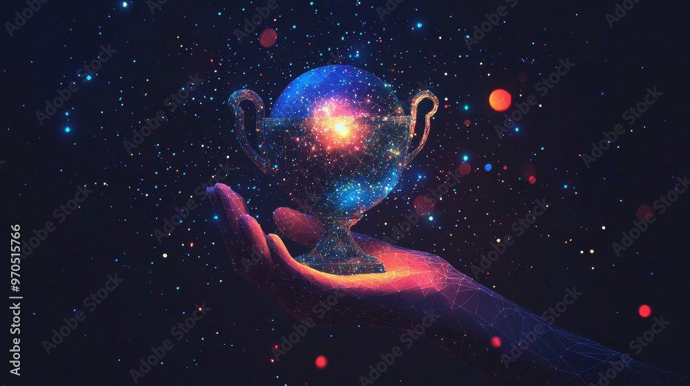 A hand holds a trophy, but it looks like a starry sky. The trophy is ...