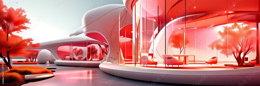 a futuristic, curved building with a red and white color scheme ...