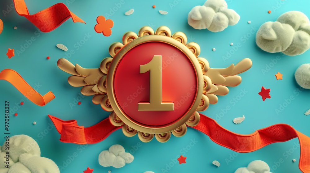 57. A 3D render of a vector cartoon medal with the number one ...