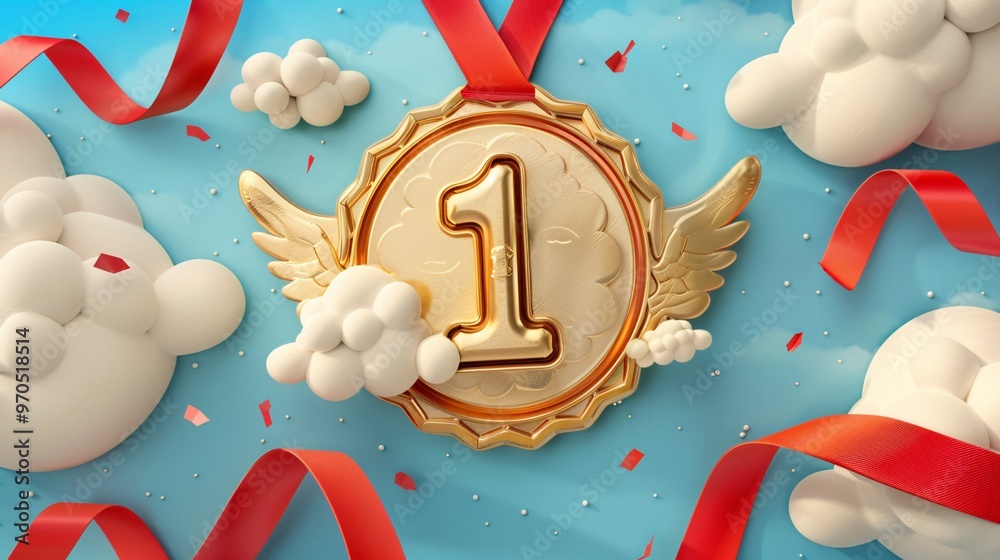 60. A 3D render of a vector cartoon medal with the number one, red ...