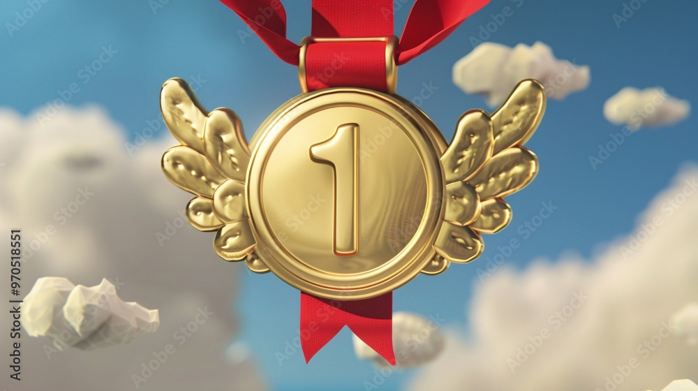 60. A 3D render of a vector cartoon medal with the number one, red ...
