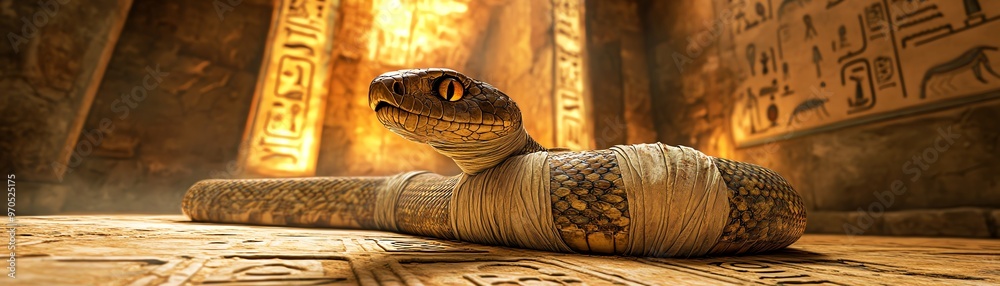 Ancient Egyptian snake mummy in a mystical tomb with hieroglyphs and warm light highlighting the ...