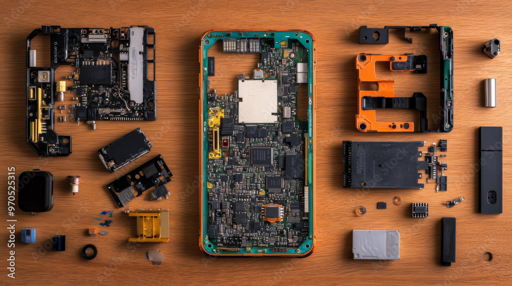 A phone repair shop is shown with a disassembled phone. The case and ...