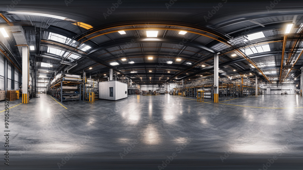 A realistic 3D image showing a modern industrial space, like a factory ...