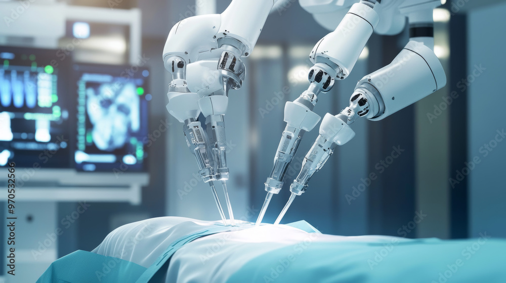 A robot surgeon operates on a patient. The robot uses special arms to ...