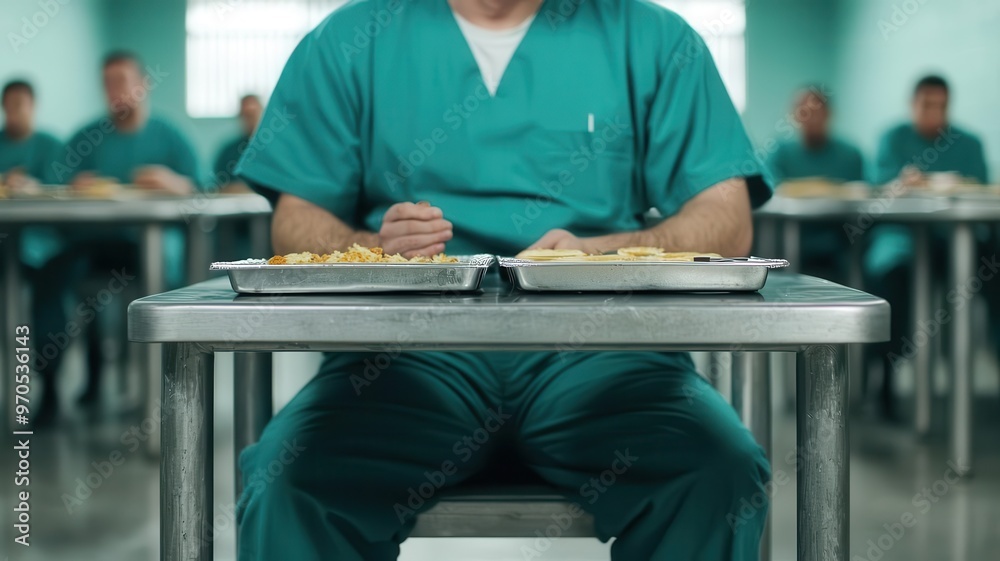 Inmates in uniform sitting at metal tables in a prison cafeteria ...