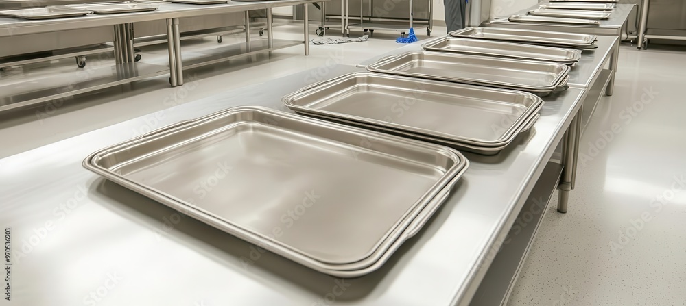 Prison cafeteria during cleaning time, empty trays and metal utensils ...