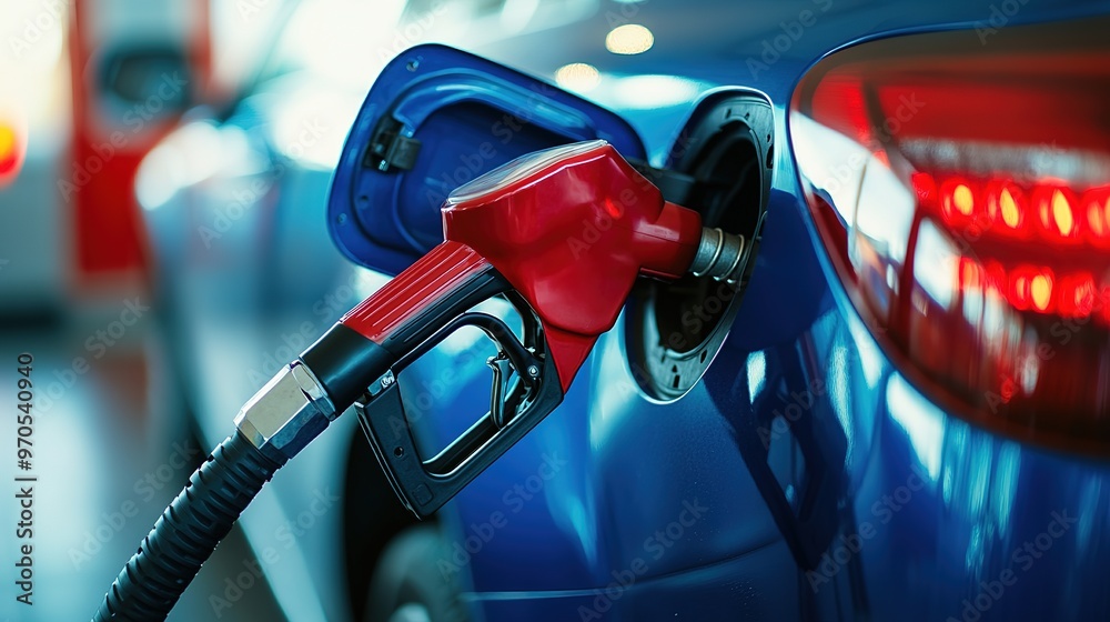 Car fueling at gas station. Petrol pump filling fuel nozzle in fuel ...