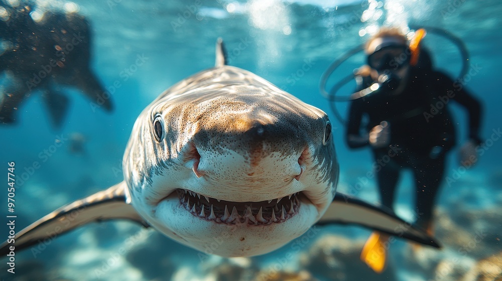 Scuba Diver Face to Face with Shark, Underwater Photography with Depth ...