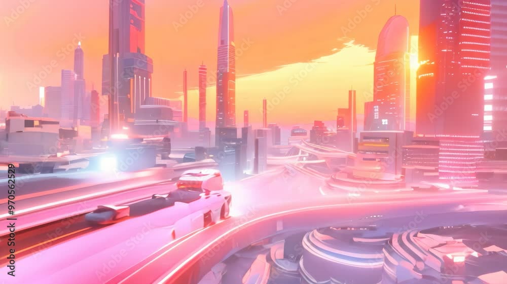 A vibrant, retrofuturistic city at sunset with neon lights and elevated ...