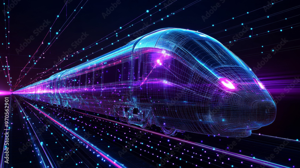futuristic,high-speed train is shown as a digital,wireframe design.This ...