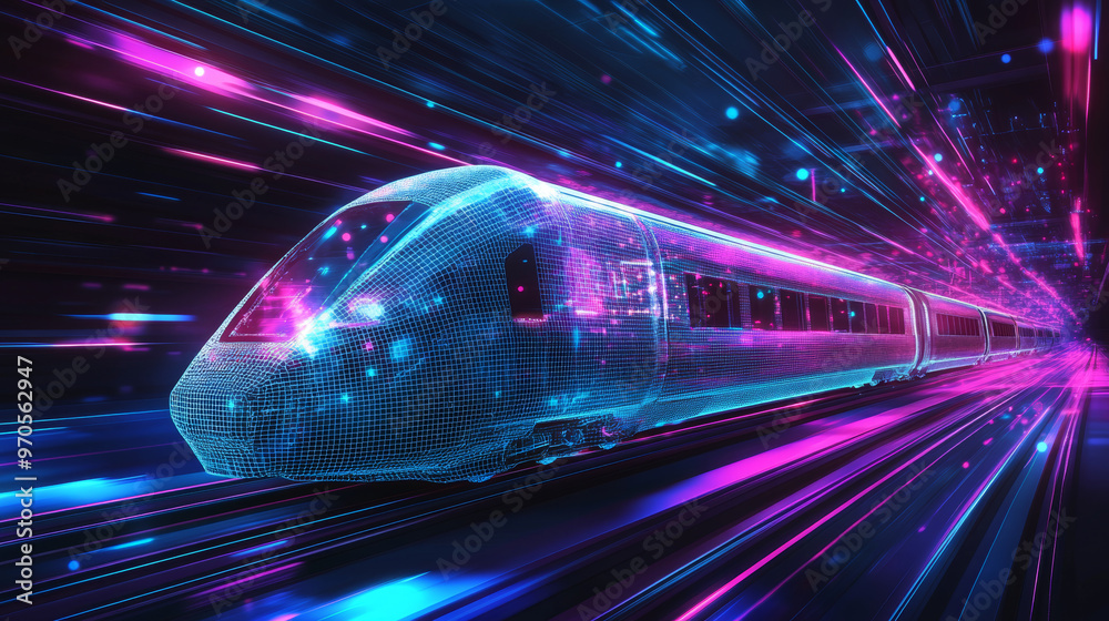 futuristic,high-speed train is shown as a digital,wireframe design.This ...
