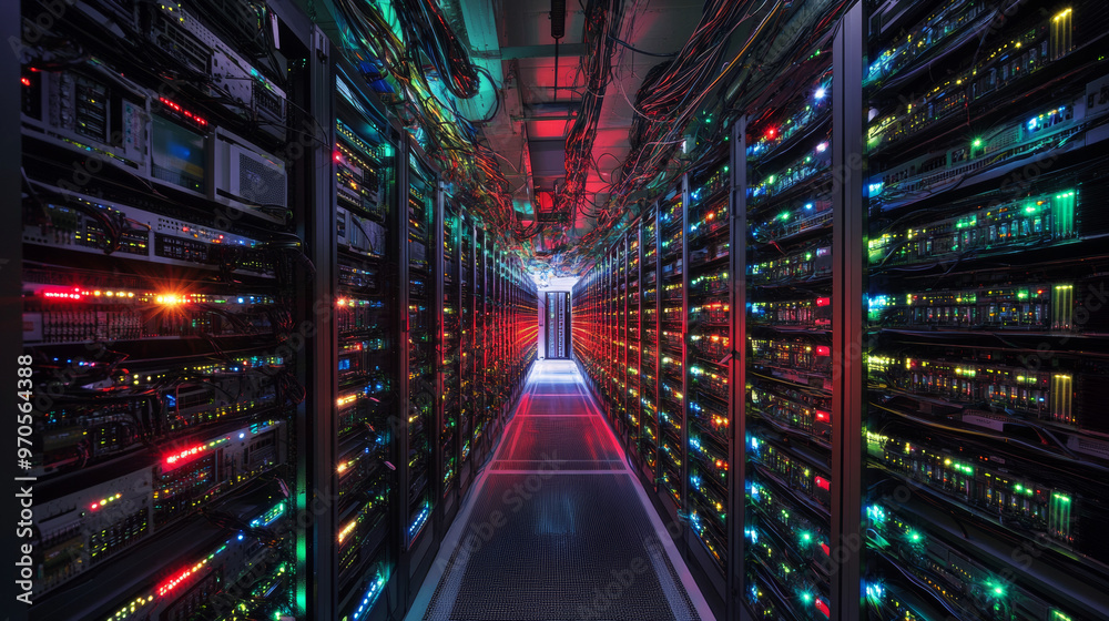 Inside a server room, rows of computer racks store and manage digital ...
