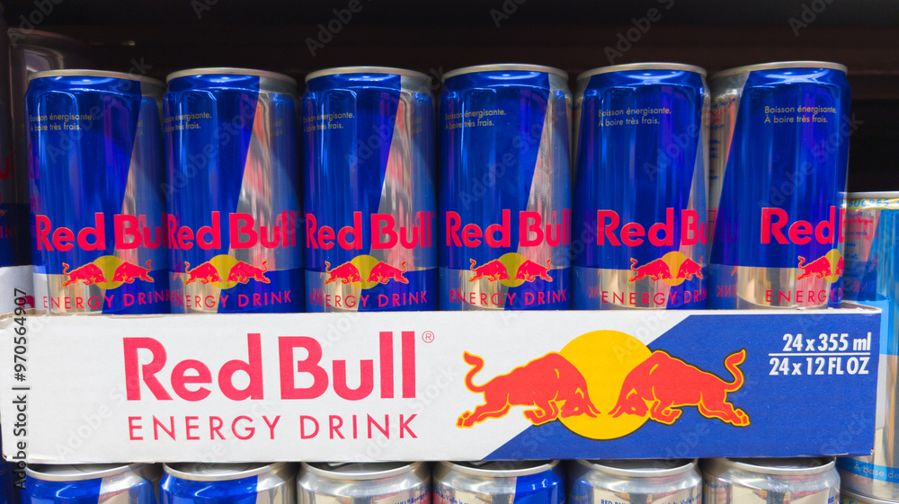 Red Bull bottles display supermarket advertising can in store market ...