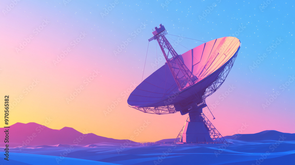 Low poly Astronomy. A large satellite dish transmits and receives a ...