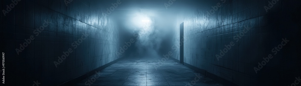 Dark abandoned hallway cloaked in dense fog with a faint, eerie light ...