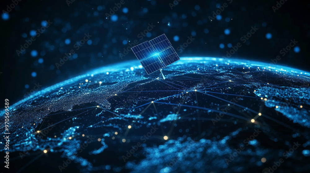Satellites circle Earth in space, shown as a low-poly design against a ...