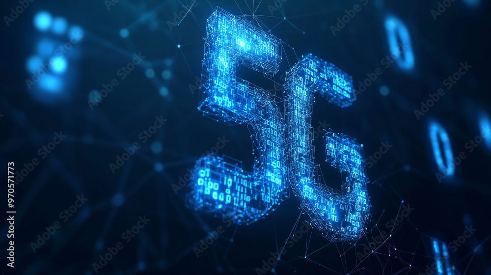 The image shows a 5G symbol formed by digital numbers connected ...