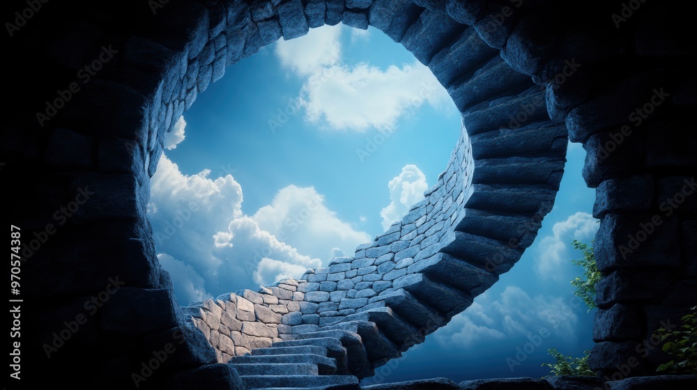 A spiral staircase leading upwards into a never ending void, a symbol ...