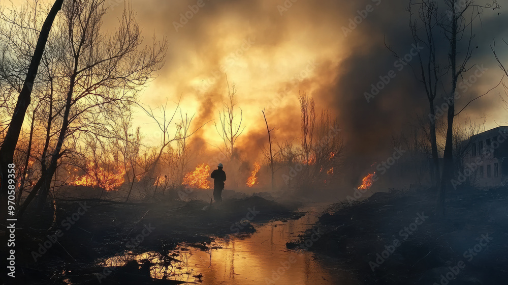 image depicts dramatic scene of wildfire, with figure silhouetted ...