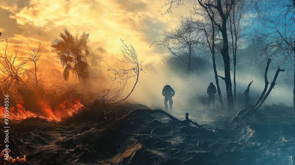 scene depicts dramatic landscape with firefighters battling wildfire ...
