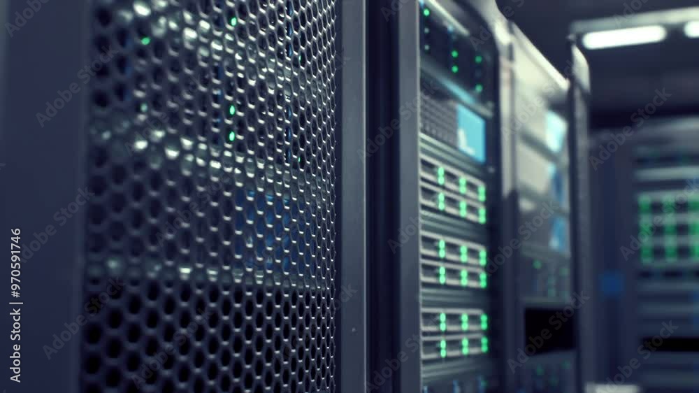 Multiple servers lined up in rows in a server room, displaying blinking ...