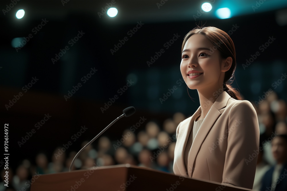 A portrait of a Korean woman standing in front of a microphone on a ...