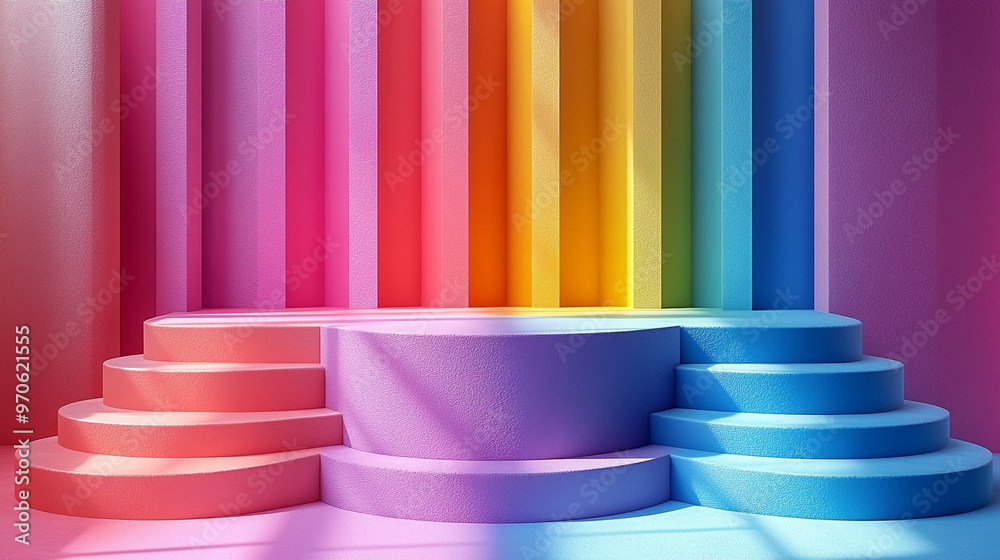 Bright and colorful stage with layered steps and vibrant rainbow ...