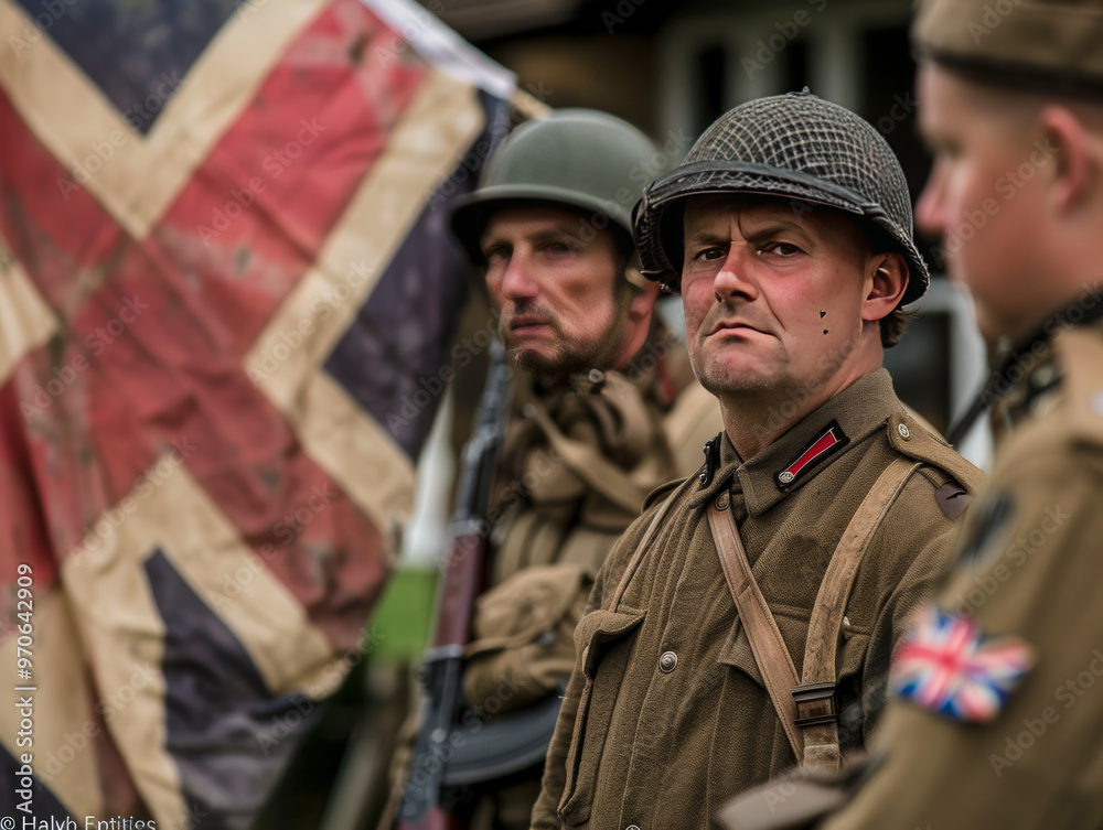 1940s British soldier in World War II attire stands next to an English ...