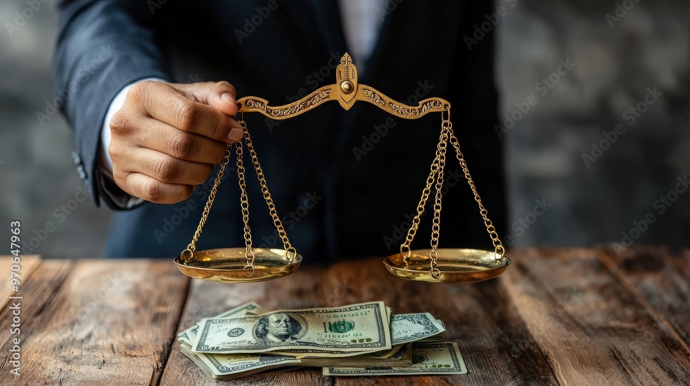 Person holding a scale balancing money and a handshake, compromise ...