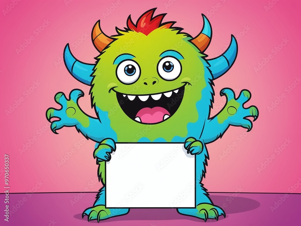 cartoon style of cute monster holding up a blank sign, colorful cartoon ...