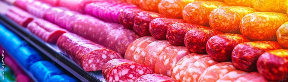Neon Pop Art Sausages and Salami in a Vibrant Deli Counter Display with ...