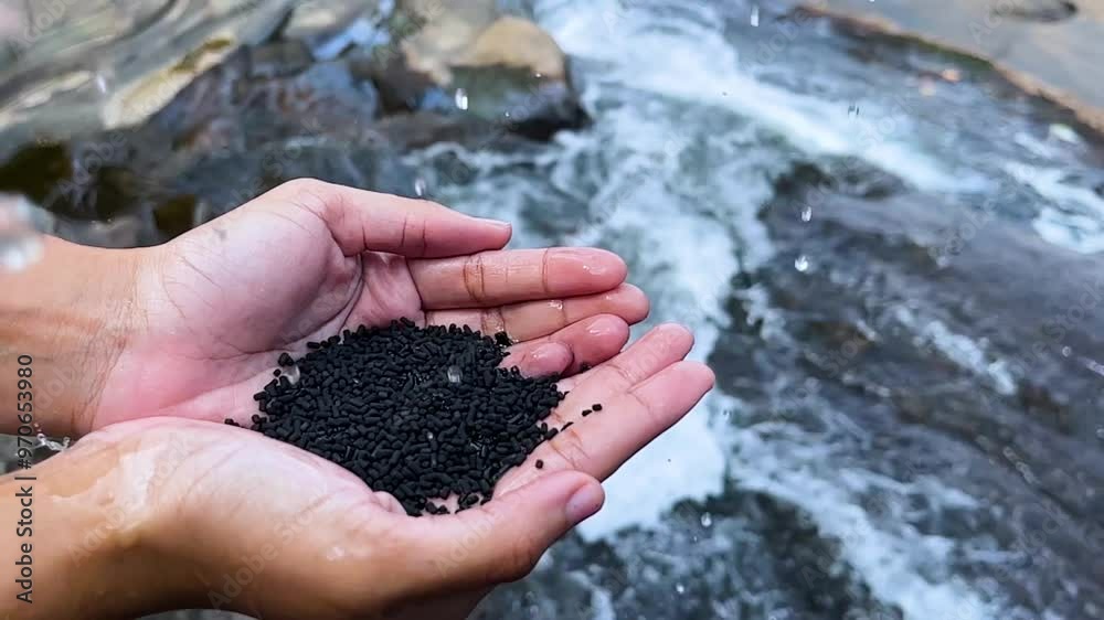 Rainwater dropping on to a hand full of active charcoal, water ...