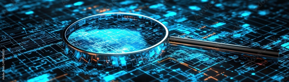 A 3D magnifying glass hovering over a digital blueprint, symbolizing search engines uncovering ...