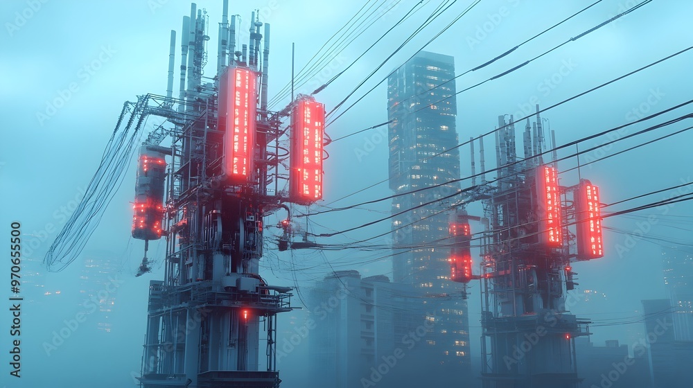 High Voltage Electrical Substation Powering an Urban Cityscape with ...